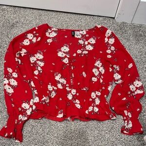 H&M | Tops | Hm Red Floral Blouse With Laceup Front | Poshmark